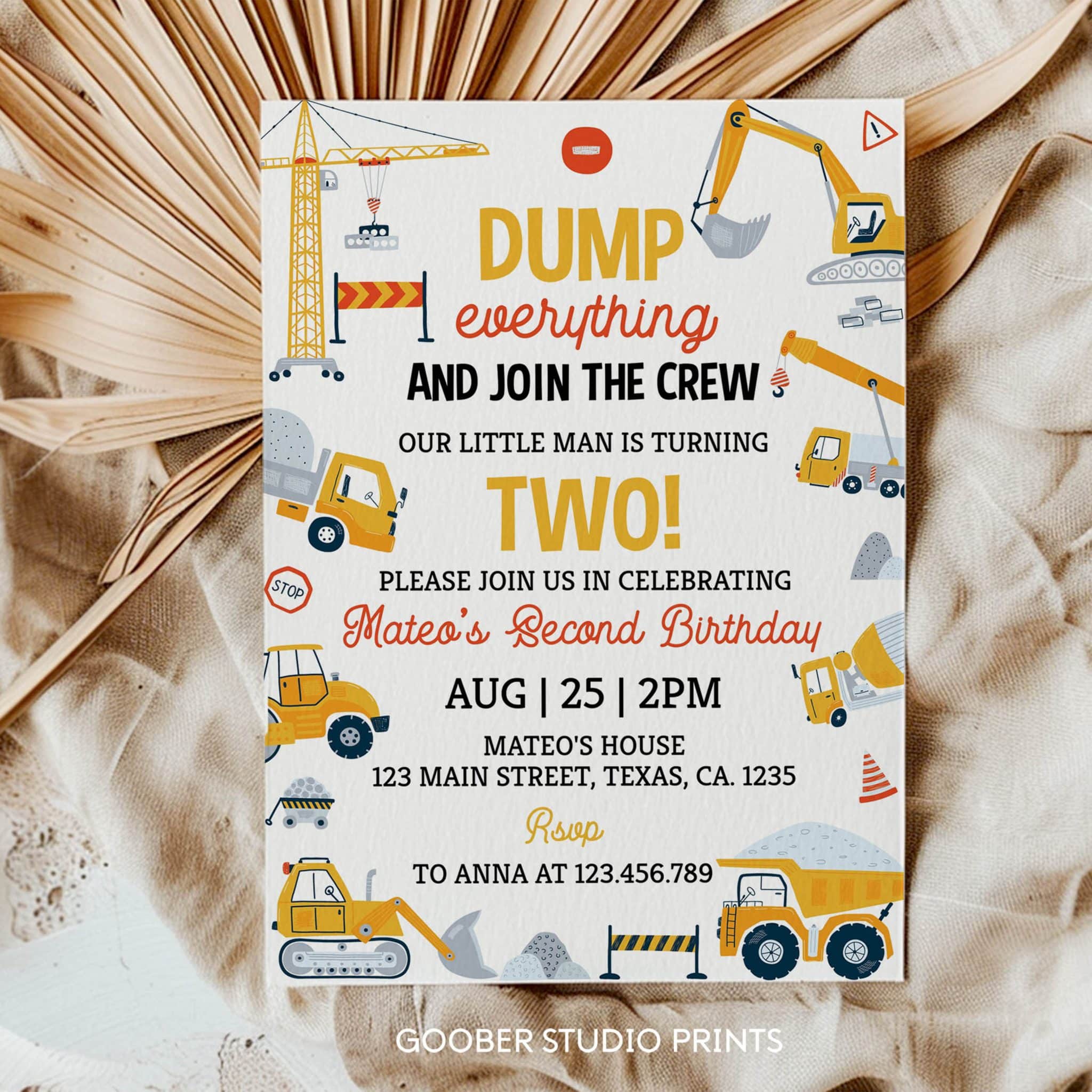 Construction Birthday Party Invitation - Goober Studio Prints