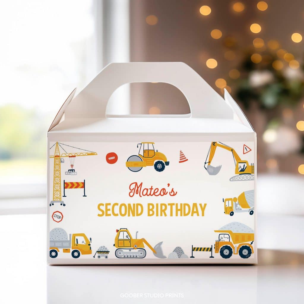 Construction Birthday Party Gable Box Label - Goober Studio Prints