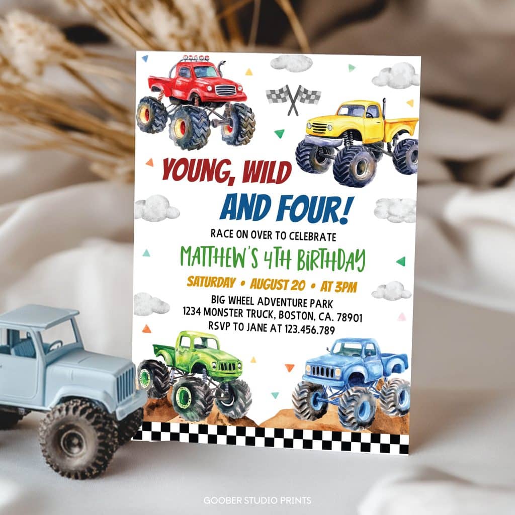 Monster Truck Kids Birthday Party Invitation - Goober Studio Prints