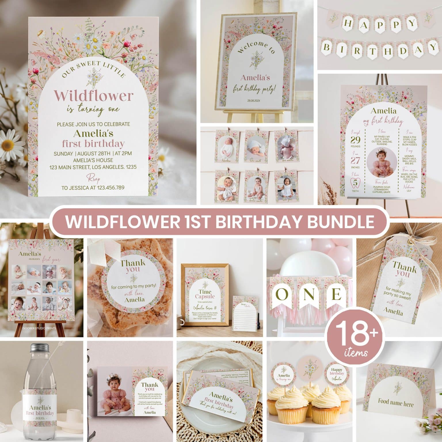 Wildflower Birthday Party Milestone Photo Collage - Goober Studio Prints