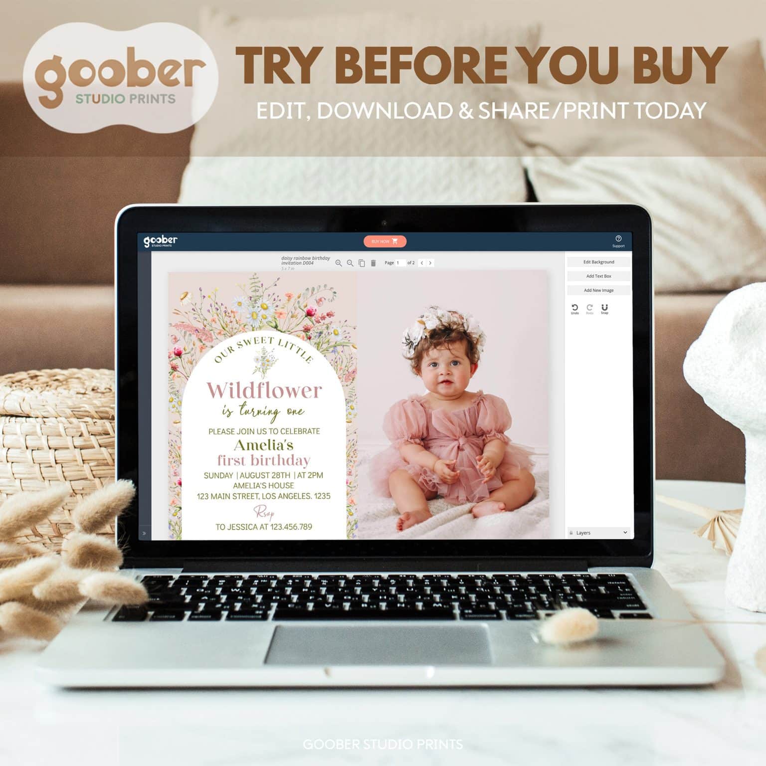 Wildflower Birthday Party Photo Invitation - Goober Studio Prints