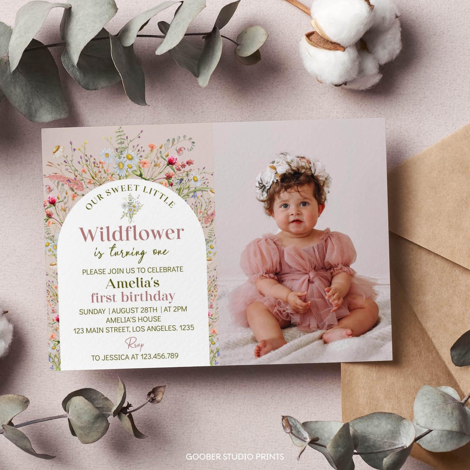 Wildflower Birthday Party Photo Invitation - Goober Studio Prints