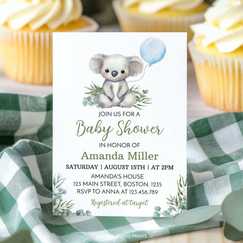 Koala Bear Baby Shower Invitation - Goober Studio Prints