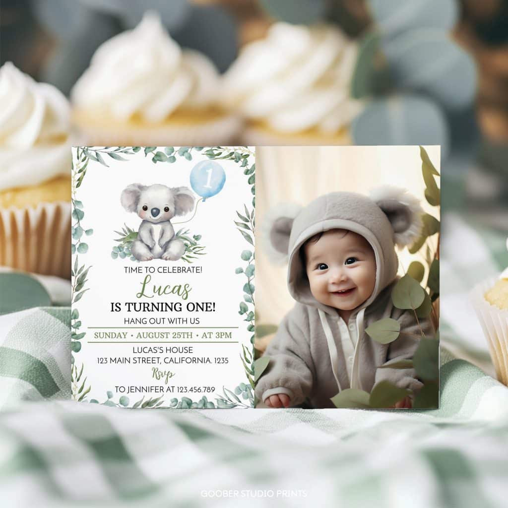 Koala Bear Birthday Photo Invitation - Goober Studio Prints