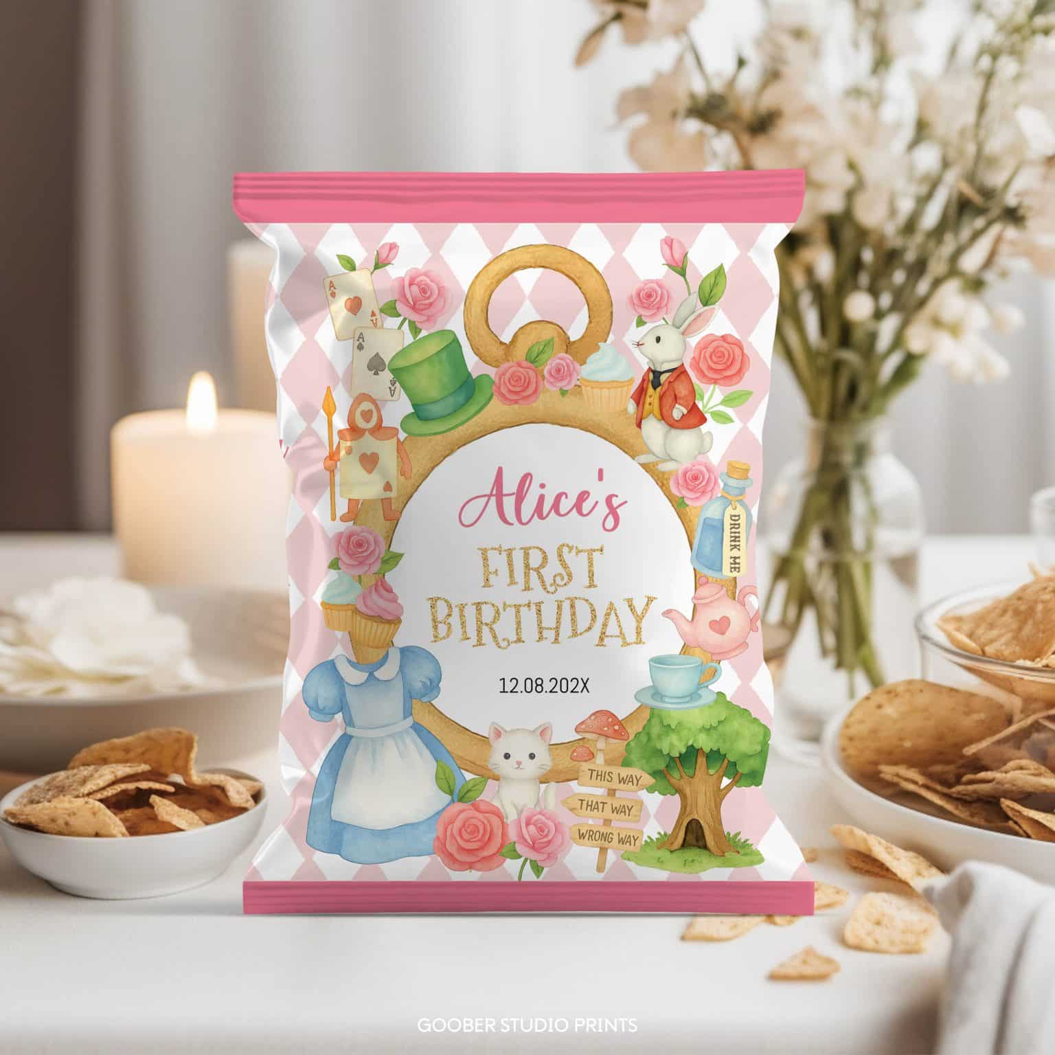 Alice in Onederland Birthday Chip Bags - Goober Studio Prints