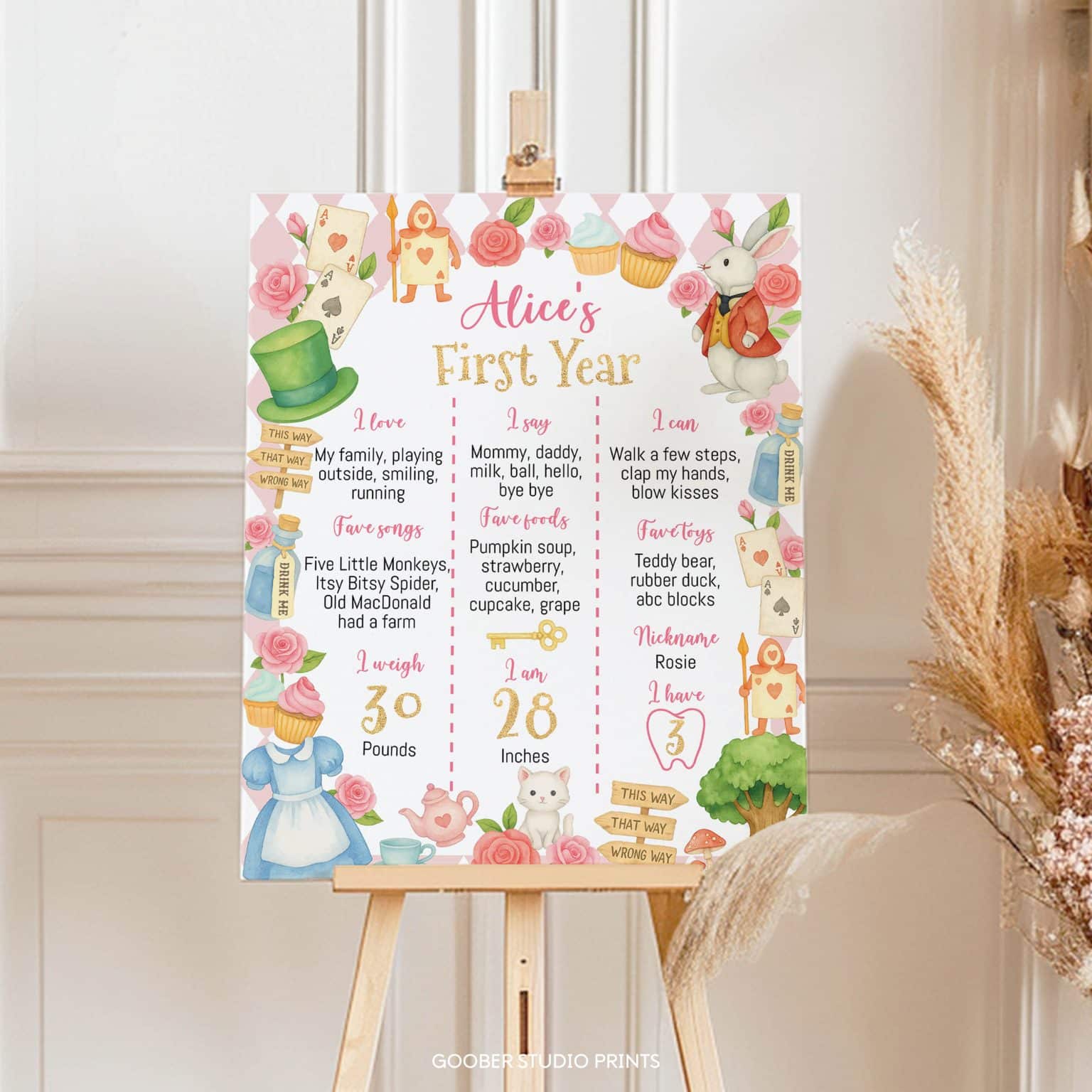 Alice in Onederland Birthday Milestone Poster - Goober Studio Prints