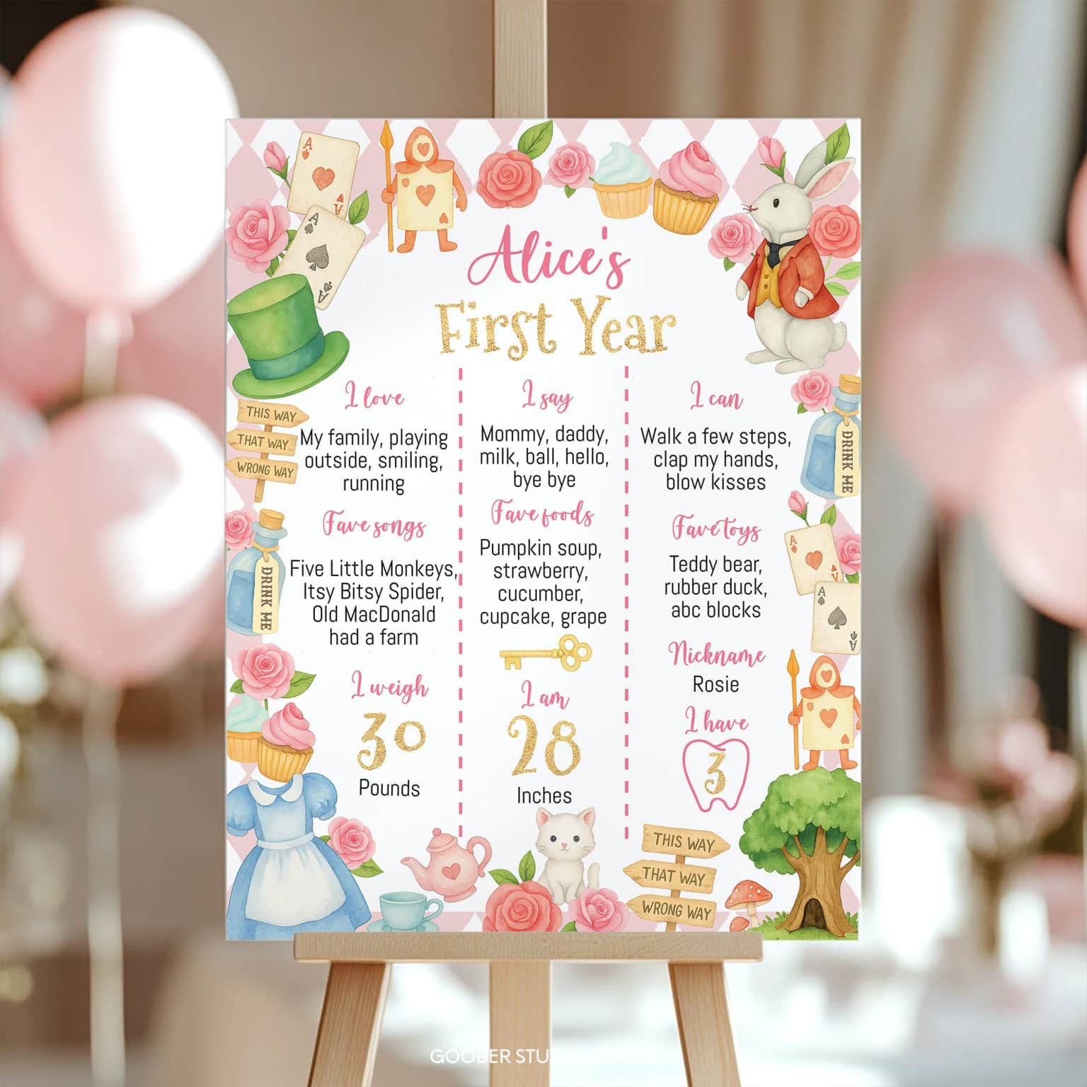 Alice in Onederland Birthday Milestone Poster - Goober Studio Prints