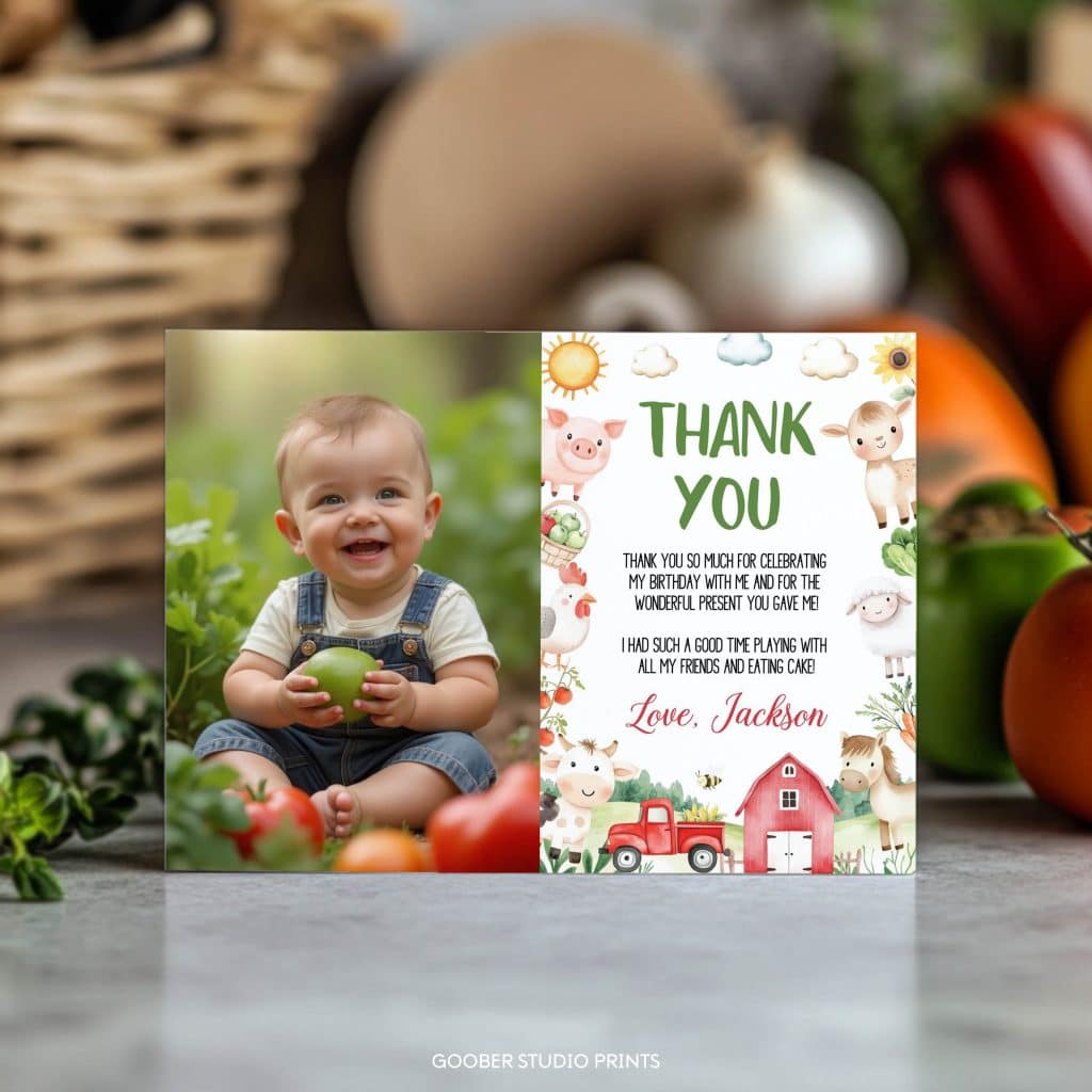 Farm Animals Birthday Party Thank You Card - Goober Studio Prints
