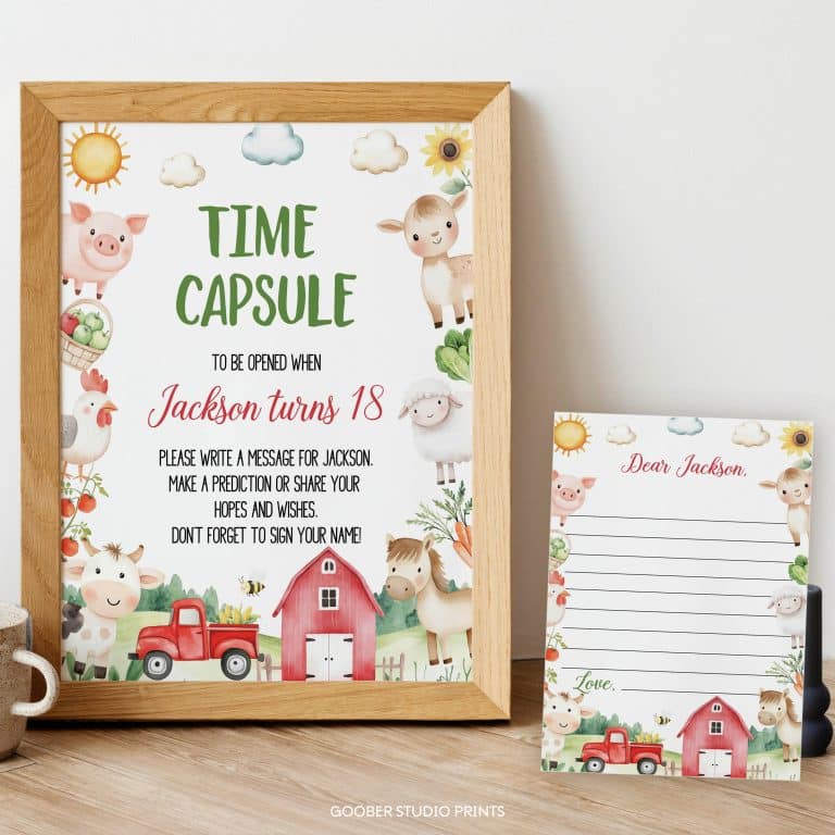 Farm Animals Birthday Party Time Capsule Sign & Card - Goober Studio Prints