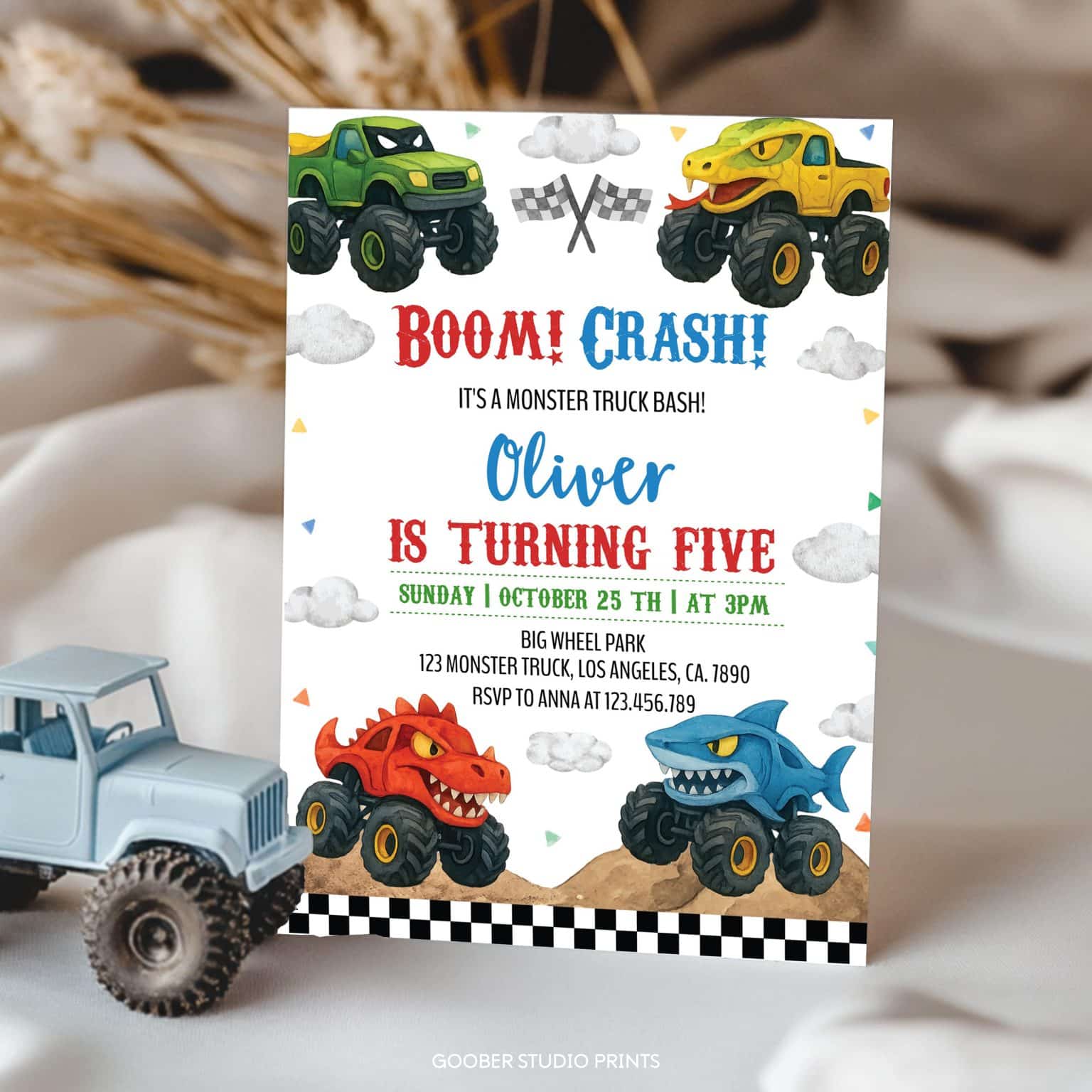Monster Truck Kids Birthday Party Invitation - Goober Studio Prints