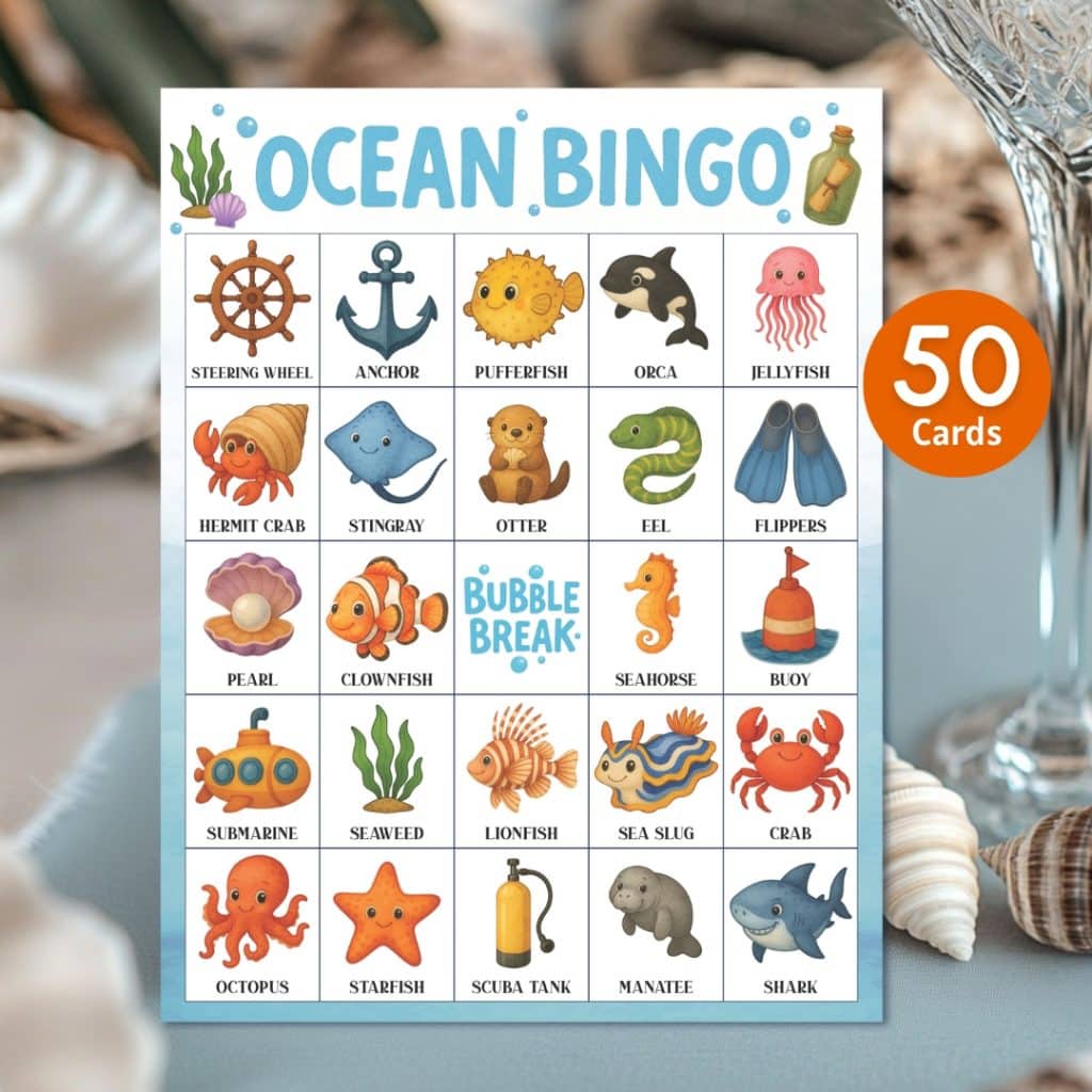 Ocean Bingo Printable Party Game - Goober Studio Prints