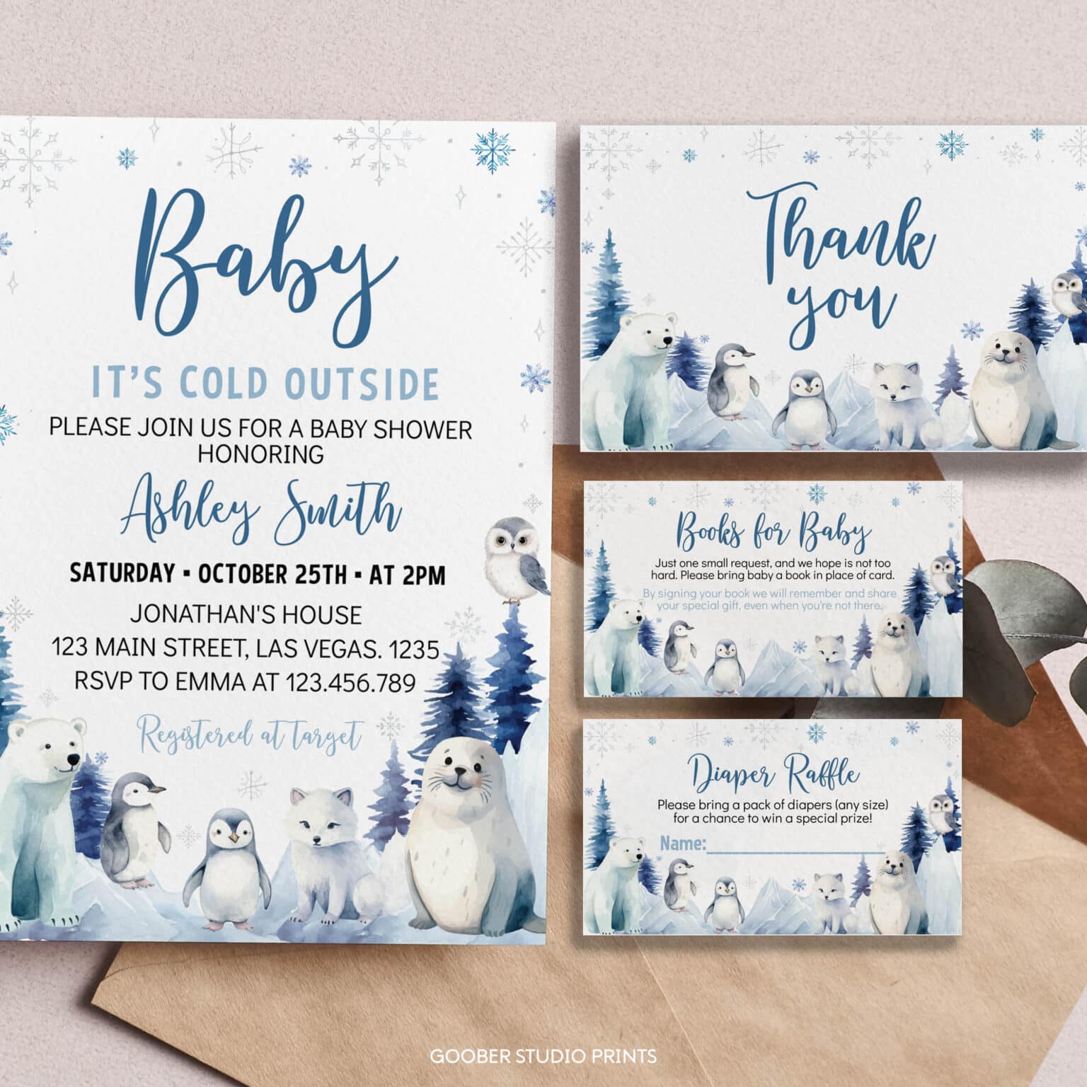 Arctic Animals Winter Baby Shower Invitation Set - Goober Studio Prints